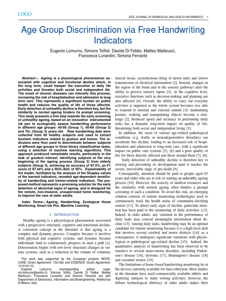 Age Group Discrimination Via Free Handwriting Indicators IEEE JBHI | PDF