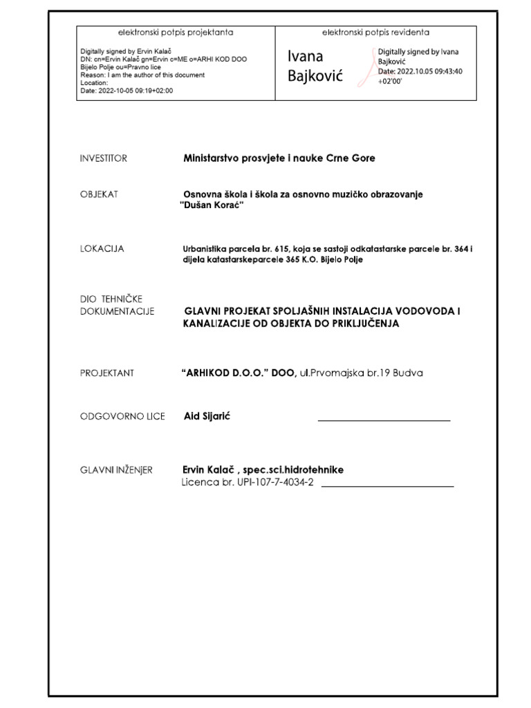 Tehcka Dokumentacija Glavni Projekat Spoljasnjih Instalacija Vodovoda I Kanalizacije Za Skolu ...