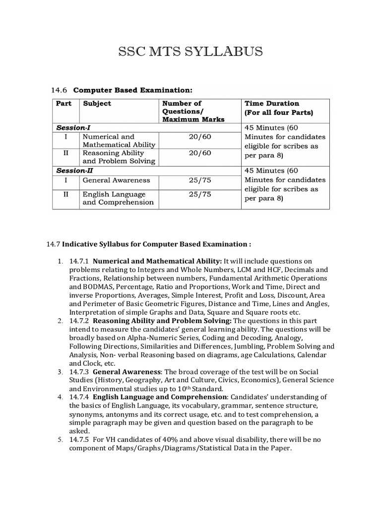 SSC MTS Syllabus | PDF