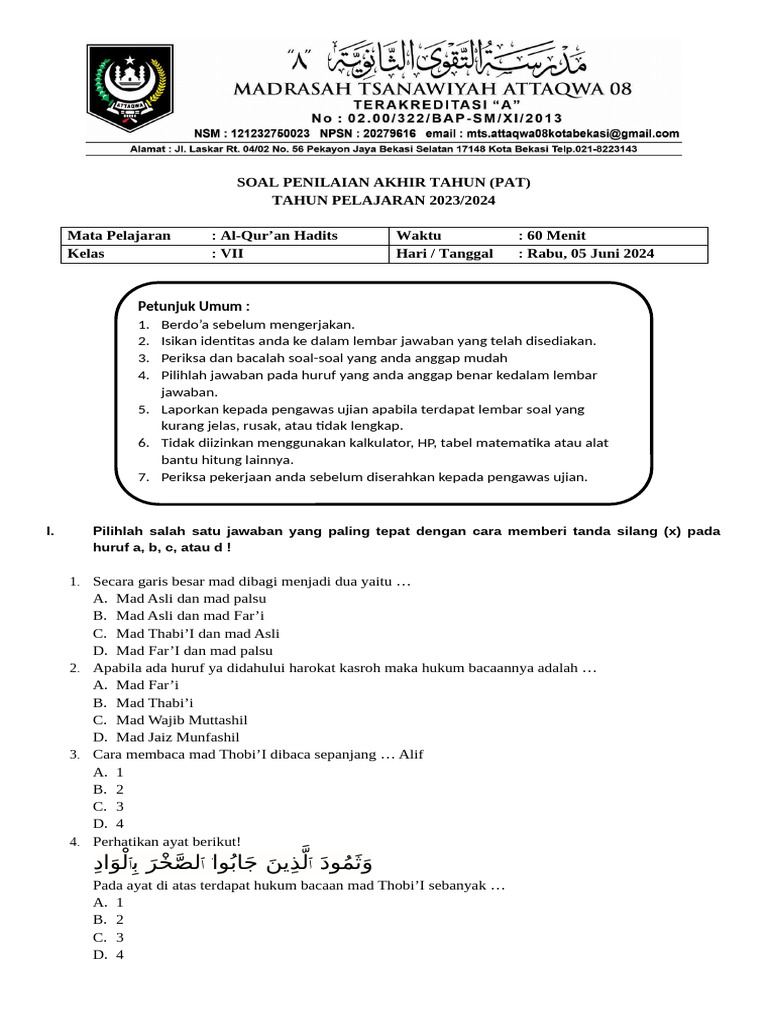 Qurdis Kelas 7 Pat 2024 | PDF