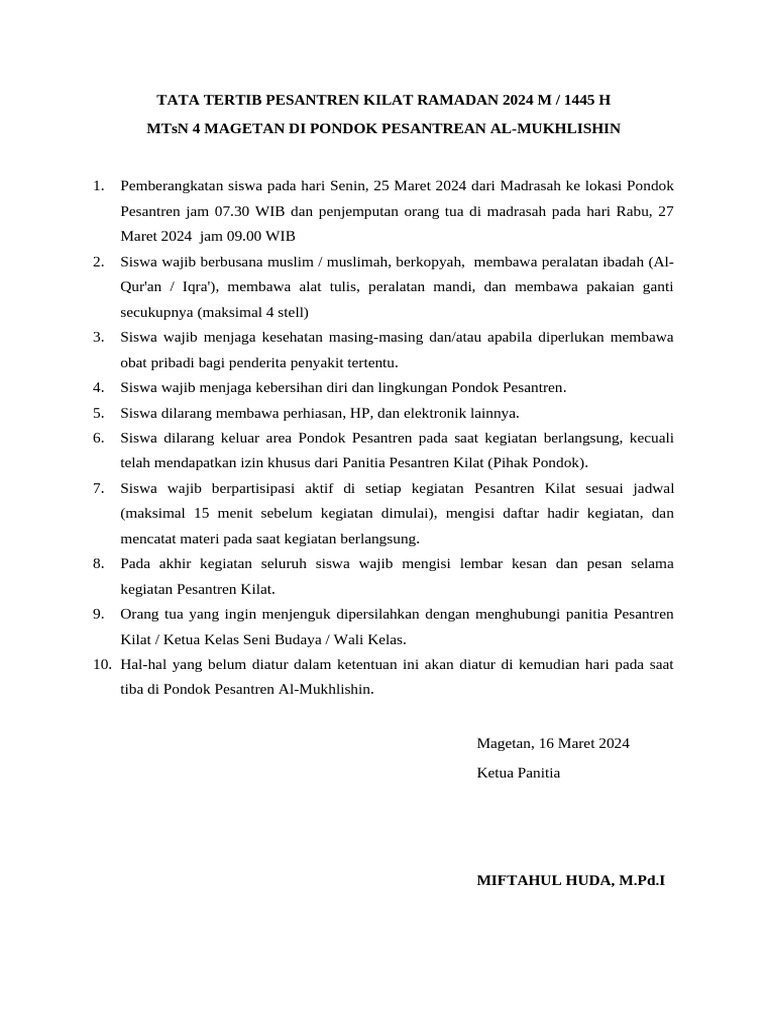 Tata Tertib Pesantren Kilat Ramadan 1445 H | PDF