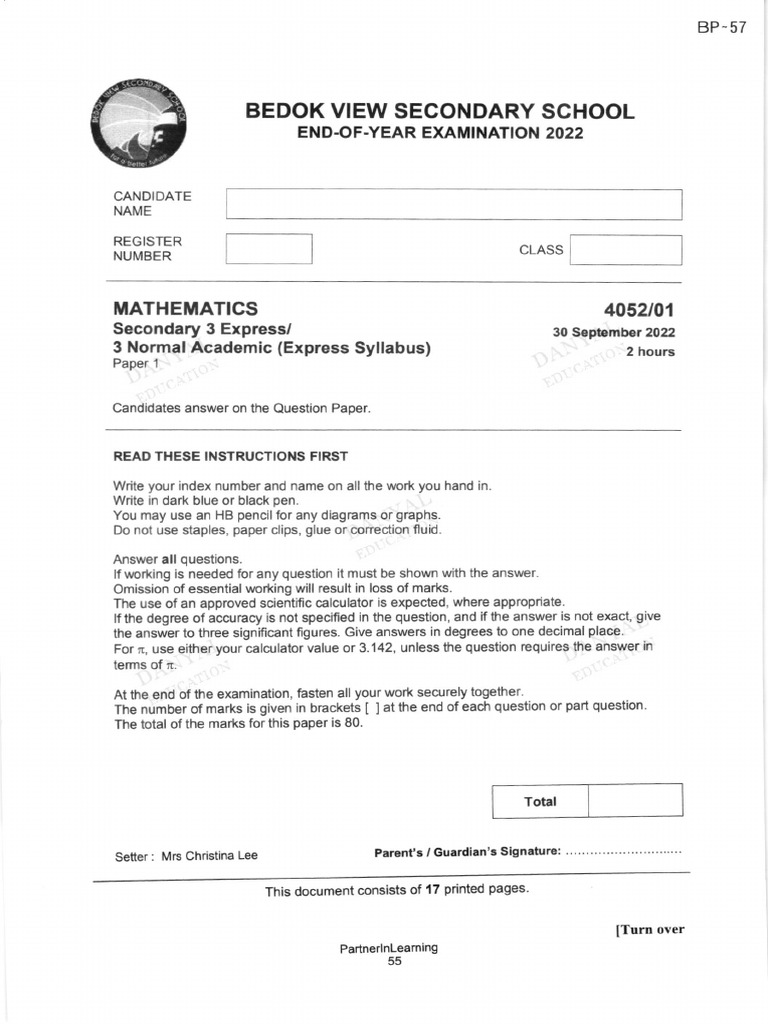 Bedok View Secondary E Math Sec 3 Group 3 EOY 2022 3 | PDF