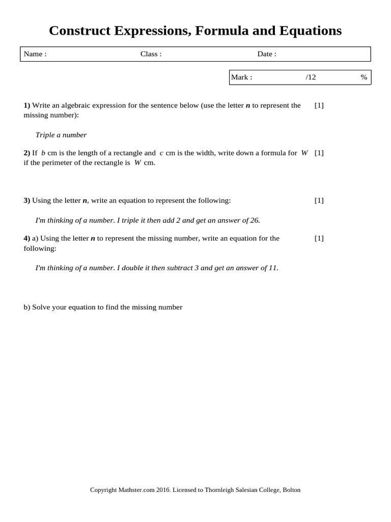 Construct Expressions, Formula and Equations - 1 | PDF