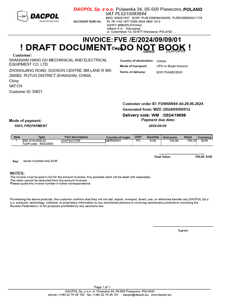 ! Draft Document - Do Not Book !: INVOICE: FVE /E/2024/09/09/01 | PDF