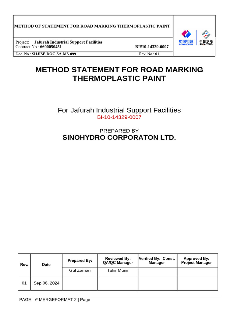 Method Statement For Road Marking - Aramco - Mot - New Amg | PDF