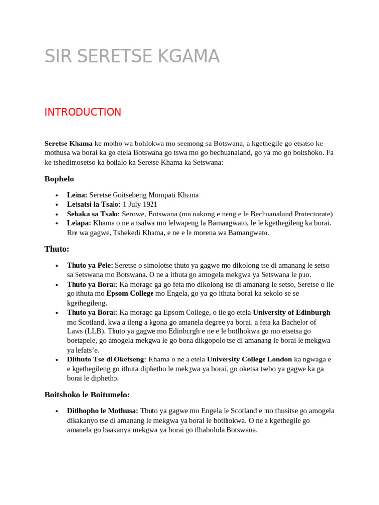 Biography About Sir Seretse Kgama | PDF | Botswana | Religion ...