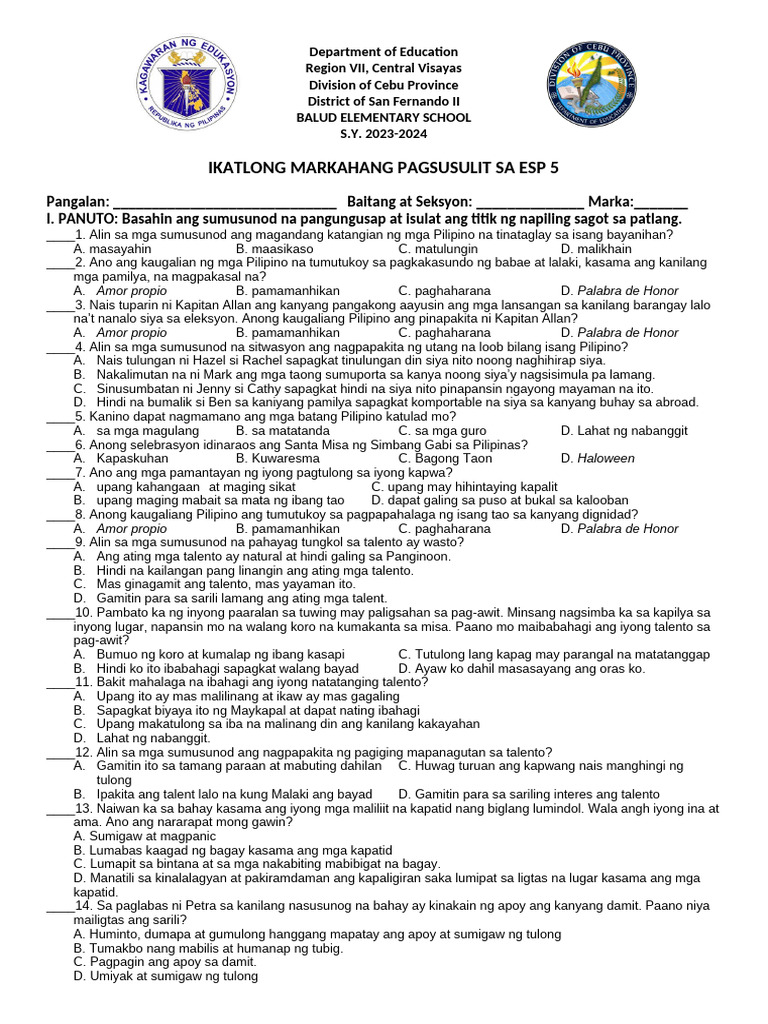 3RD-Periodical-Test-grade 5-2023-2024-MELC-ESP | PDF