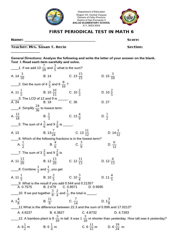 1st-Periodical-Test-Math 6-2023-2024-MELC | PDF
