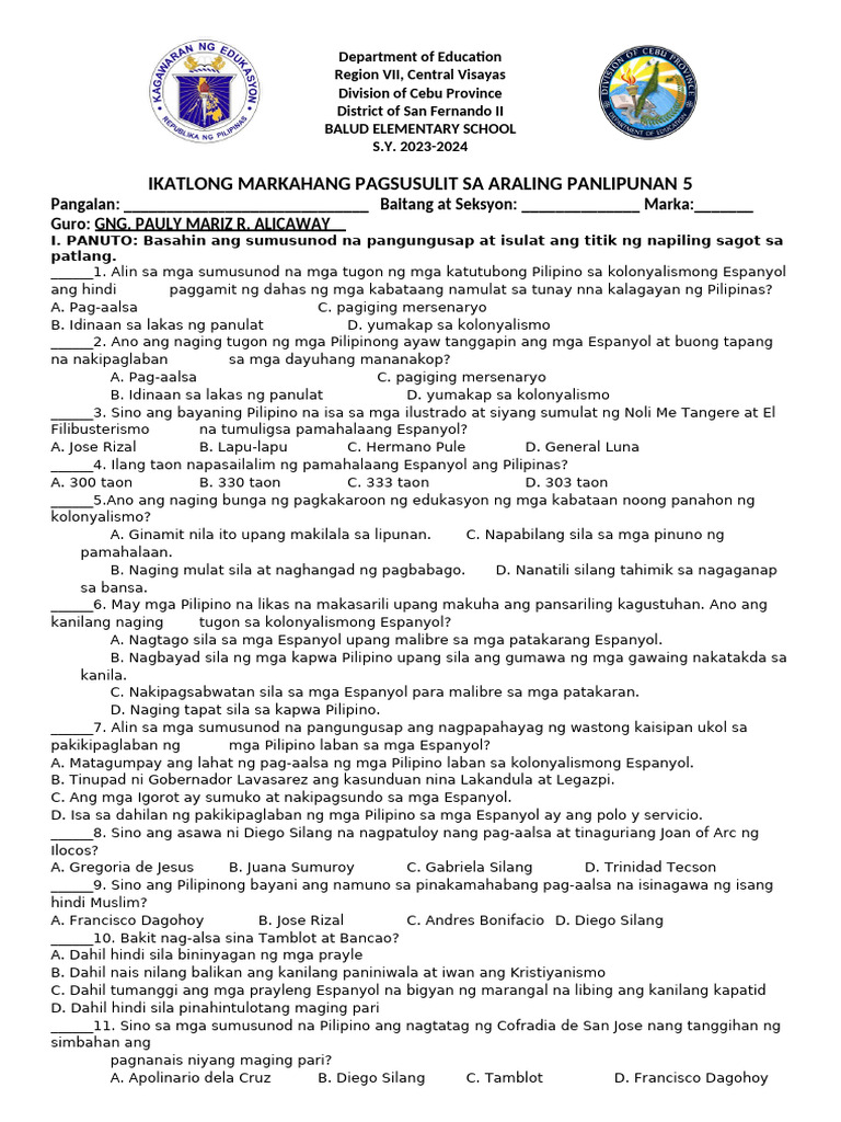 3RD-Periodical-Test-grade 5-2023-2024-MELC-AP | PDF