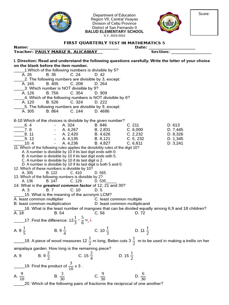 Grade 5 Math Test - Balud Elementary | PDF | Multiplication