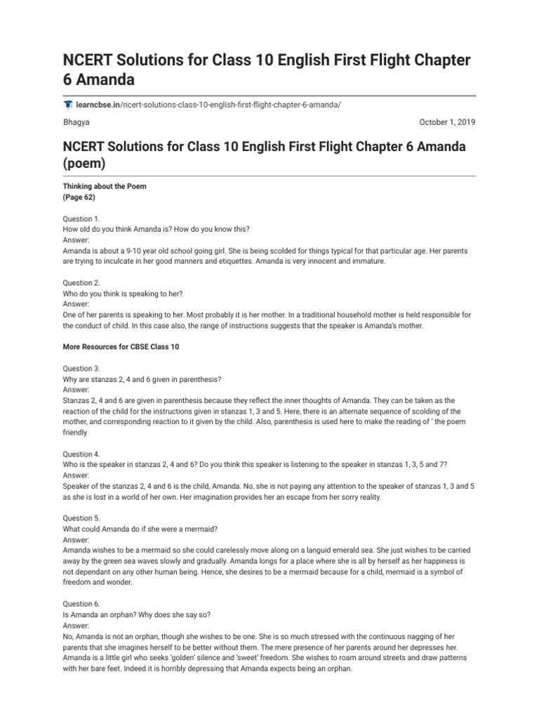 NCERT Solutions For Class 10 English First Flight Chapter 6 Amanda | PDF