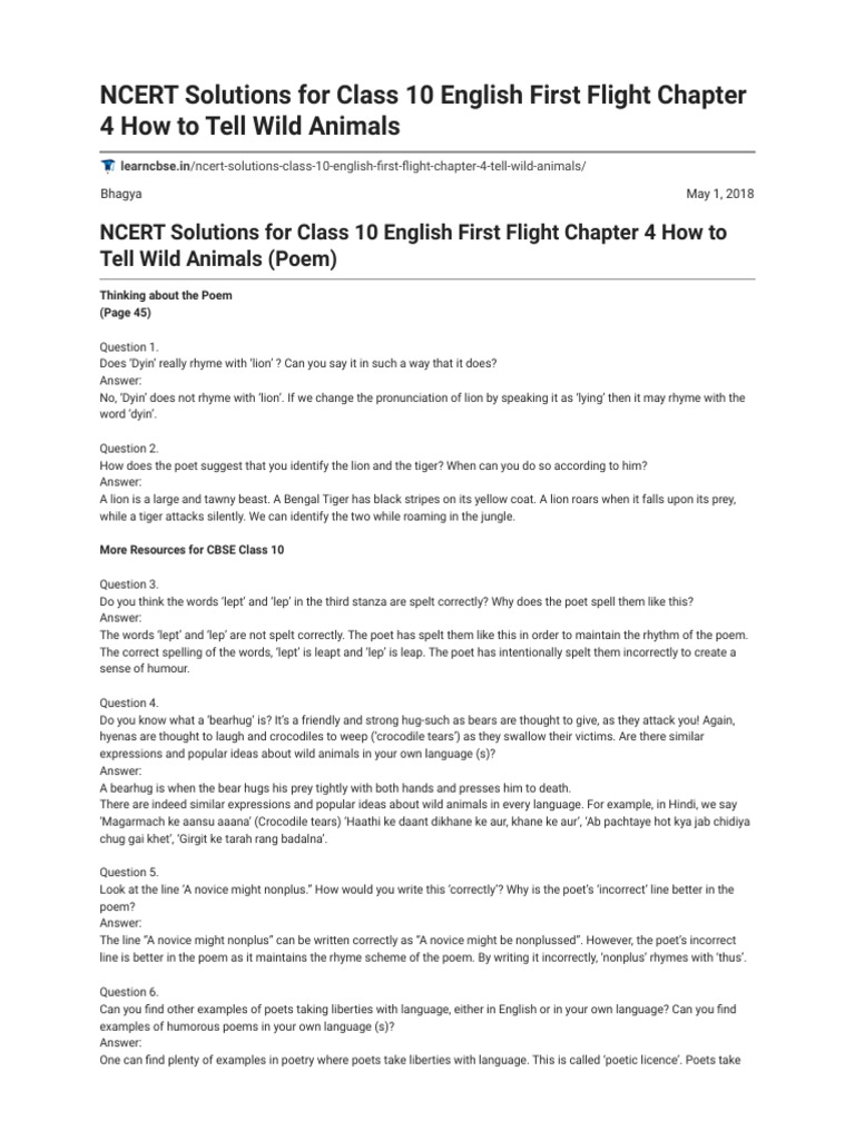 NCERT Solutions For Class 10 English First Flight Chapter 4 How To Tell Wild Animals | PDF