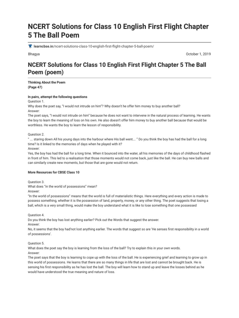 NCERT Solutions For Class 10 English First Flight Chapter 5 The Ball ...