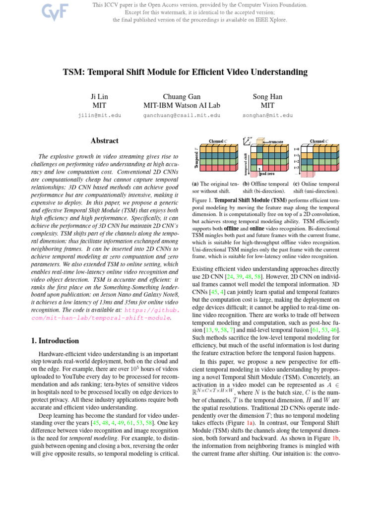 Lin TSM Temporal Shift Module For Efficient Video Understanding ICCV 2019 Paper | PDF ...