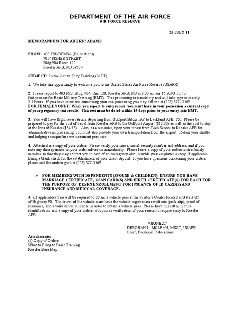 Initial Active Duty Training Orders for Airman Eric Adams | PDF