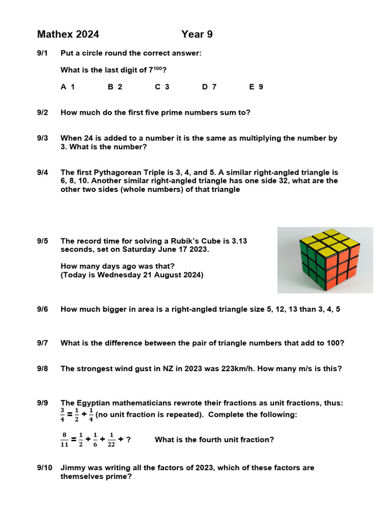 Year 9 Questions and Answers Mathex 2024 | PDF