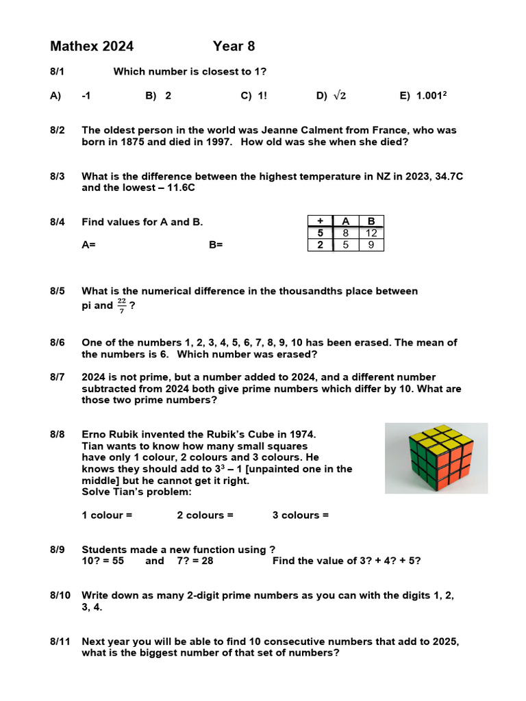 Year 8 Questions Ansd Answers Mathex 2024 | PDF