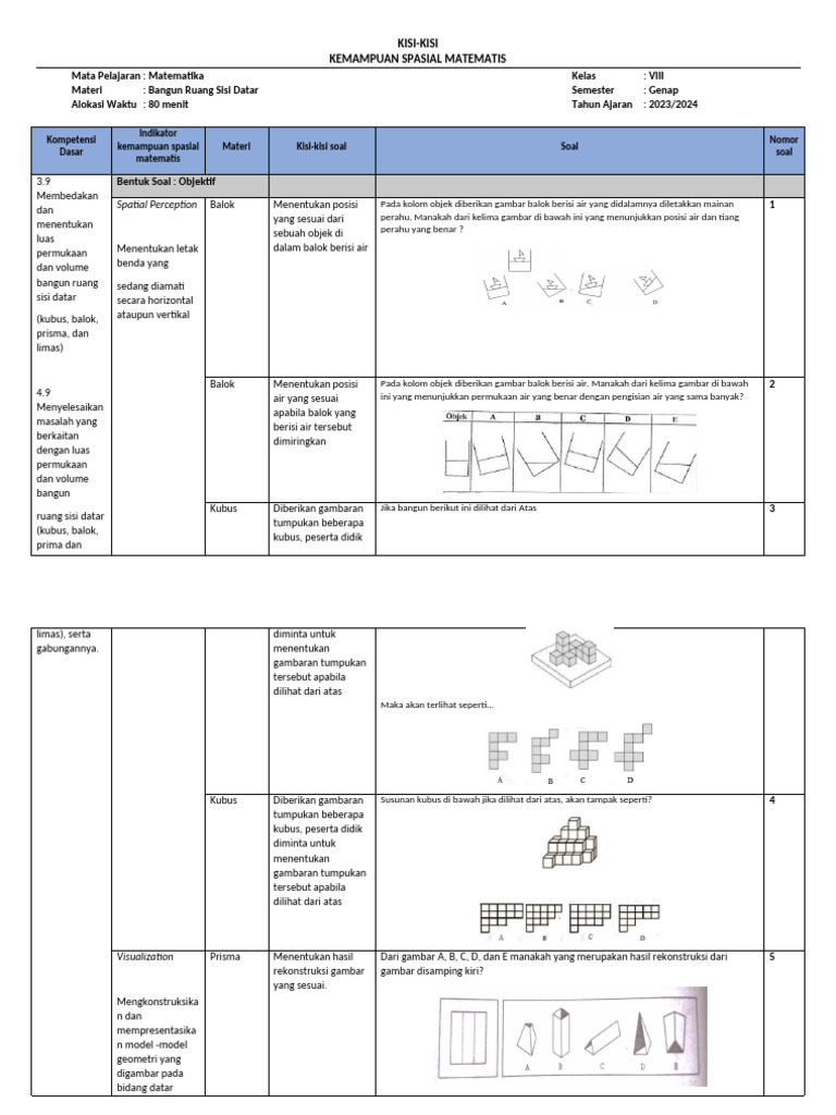 Instrumen Tes Kemampuan Spasial Matematis | PDF