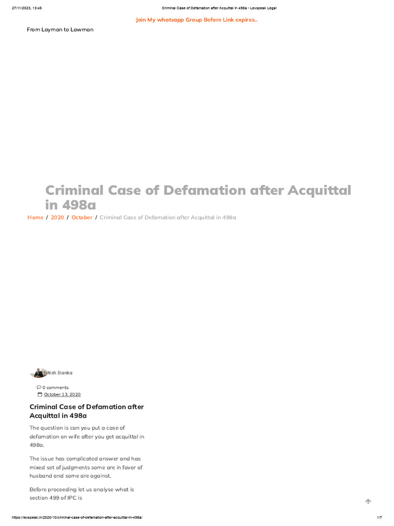 Criminal Case of Defamation After Acquittal in 498a - Lexspeak Legal | PDF