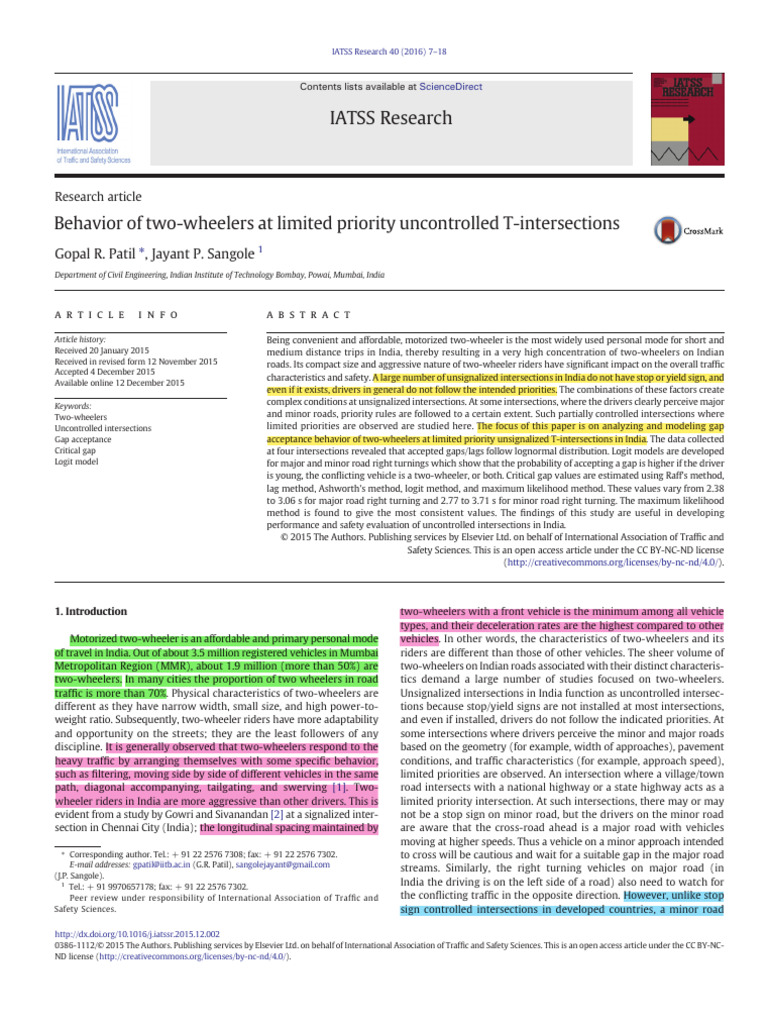 Behavior of Two-Wheelers at Limited Priority Uncontrolled T ...