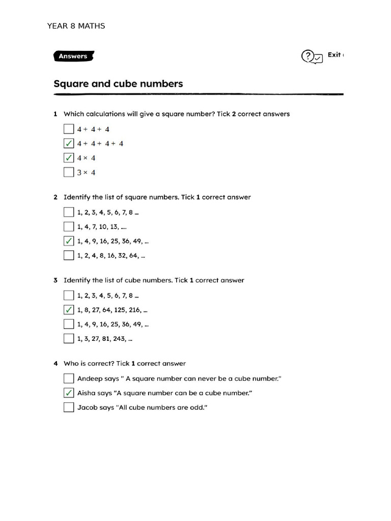 Worksheet On Square and Cube Numbers | PDF