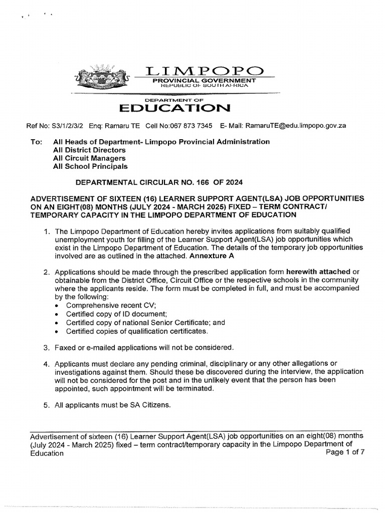 Departmental Circular No. 166 of 2024 Advertisement of LSA Posts | PDF