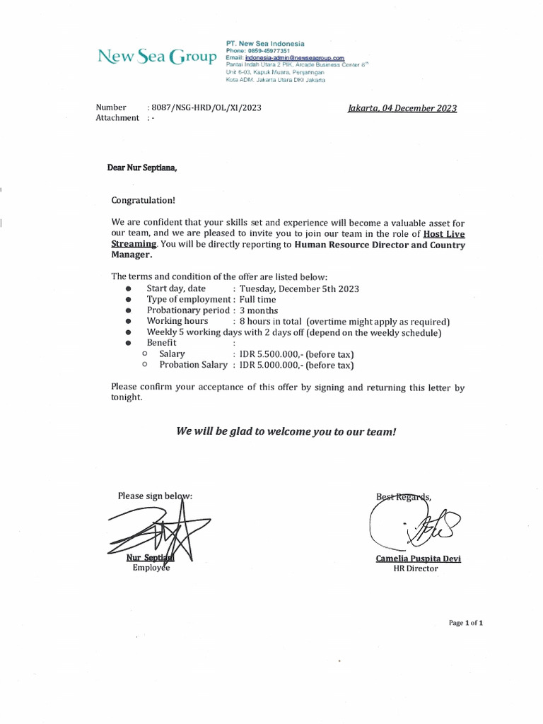 Acceptance NSG Host Offer Letter - Nur Septiana 12.04.2023 | PDF