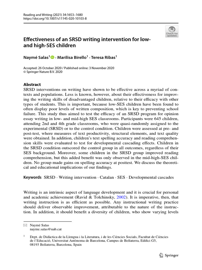 Effectiveness of An SRSD Writing Intervention For Low - and high-SES ...