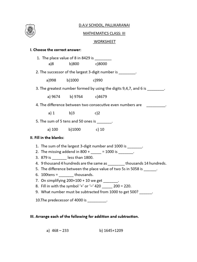 Math Worksheet Grade-3 | PDF