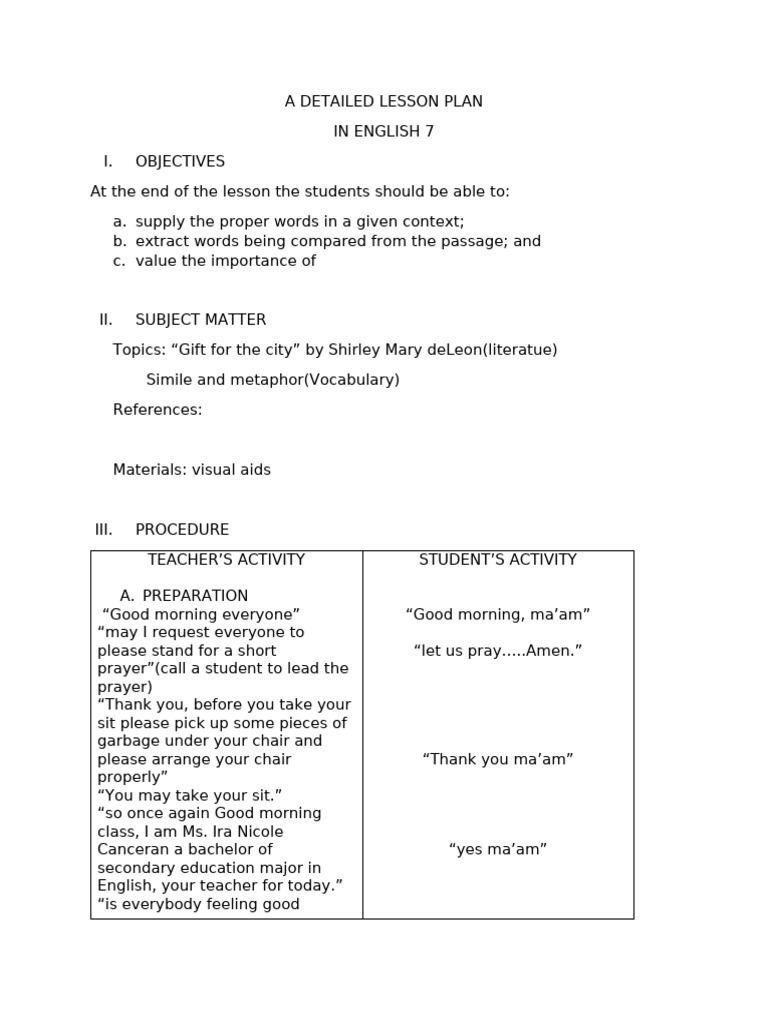 A Detailed Lesson Plan Pdf
