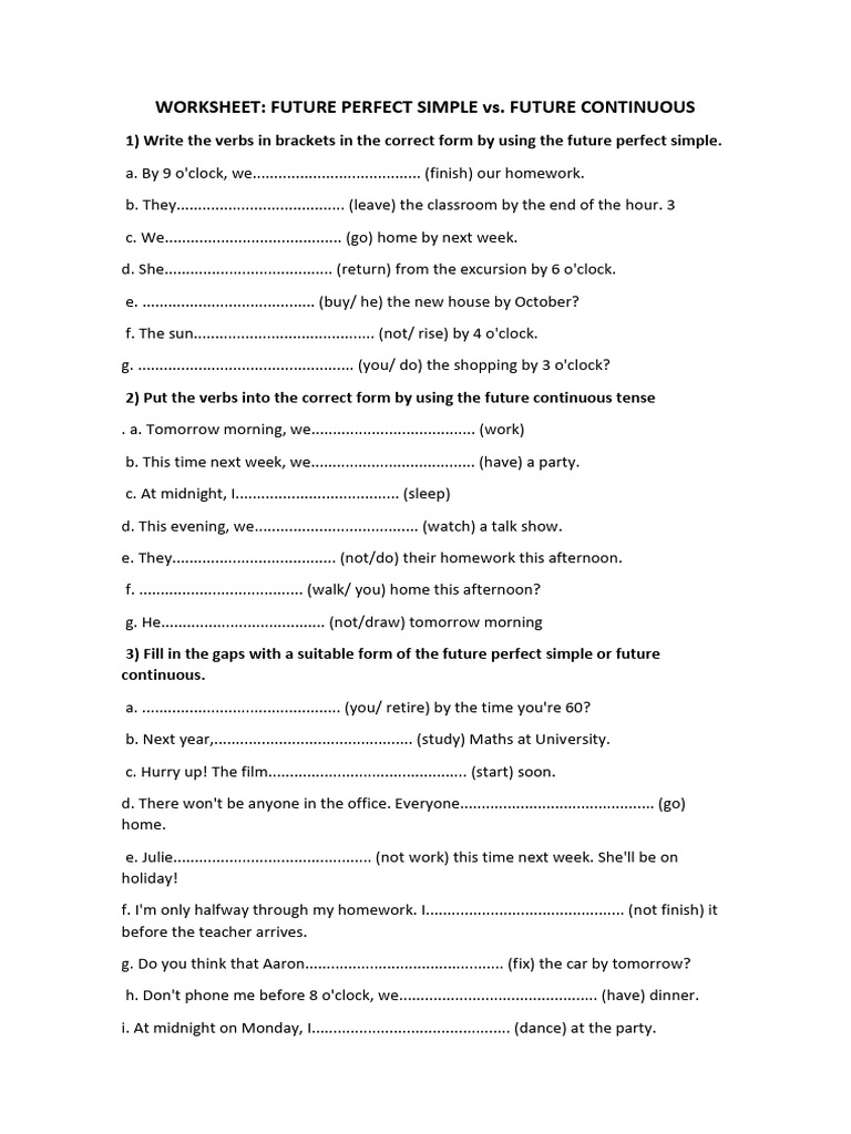Worksheet: Future Perfect Simple vs. Future Continuous | PDF