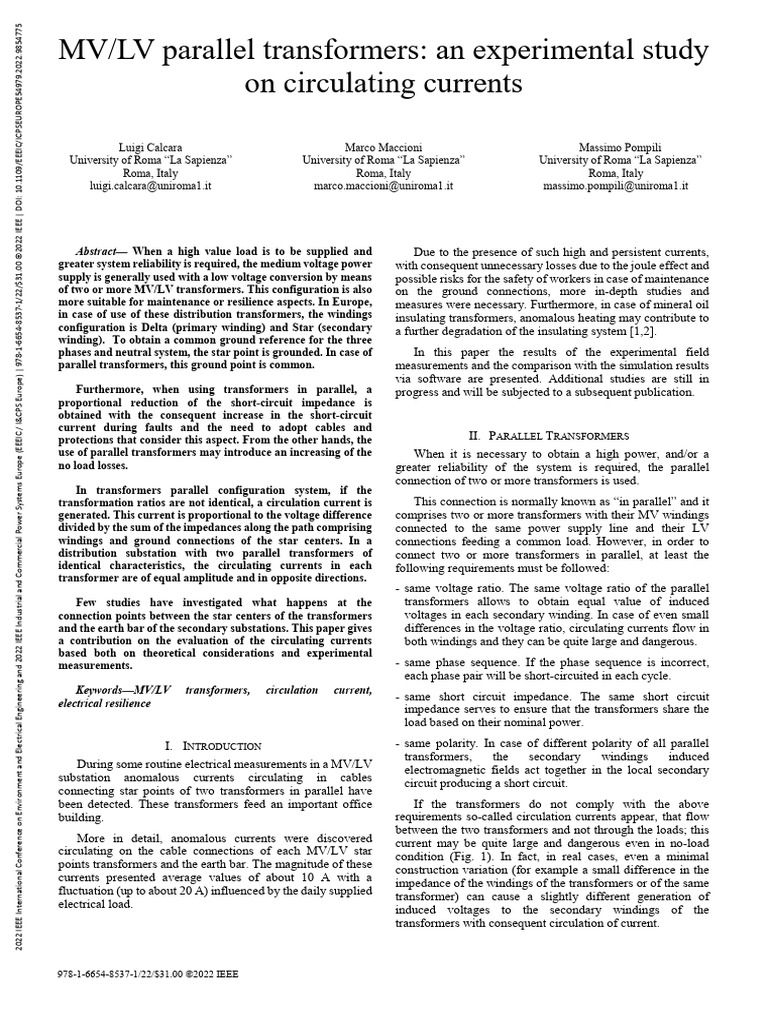 MV LV Parallel Transformers An Experimental Study On Circulating Currents | PDF