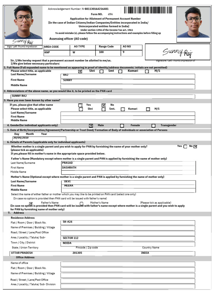 Sunny Raj Pan Card Application Form | PDF