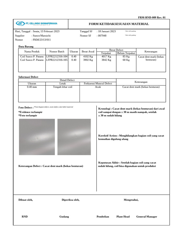 FRM-RND-009 REV 01 - Form Ketidaksesuaian Material Coil Sunco | PDF