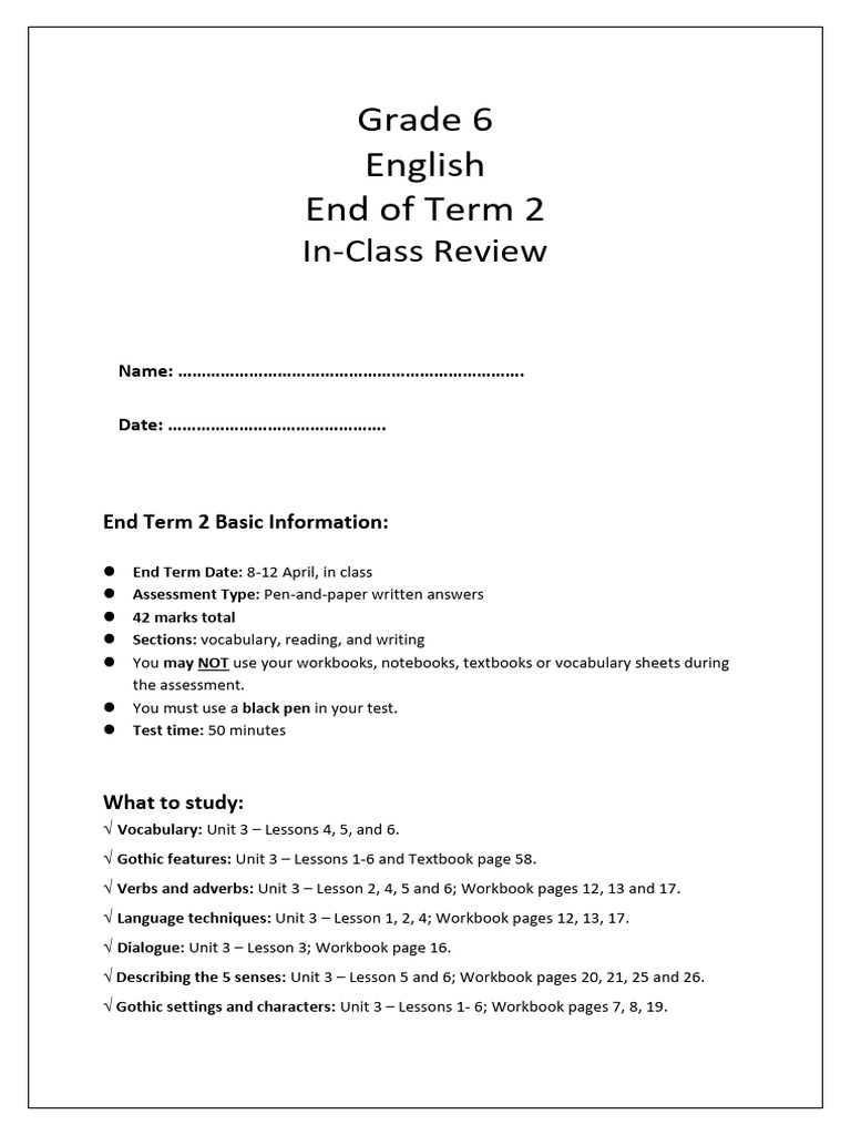 G6 End Term 2 Review Booklet | PDF
