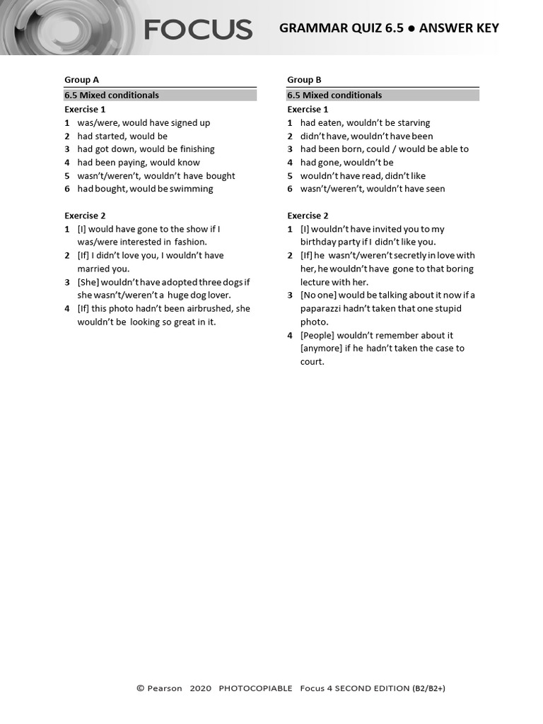 Focus4 2E Grammar Quiz Unit6 5 GroupA B ANSWERS | PDF