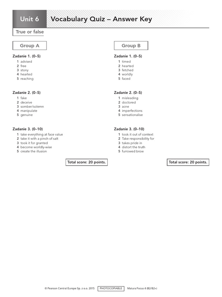 Unit 6 Vocabulary Quiz Answer Key | PDF