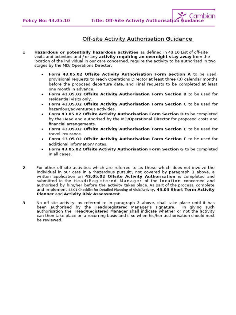 Activity Authorisation Guidance Pdf