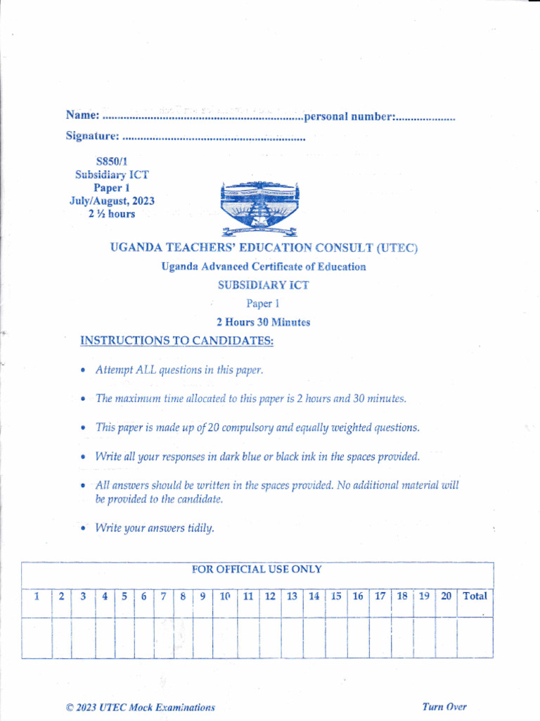 Uganda Teachers' Educatton Consult 2023 Subsidiary Ict S.6 | PDF ...