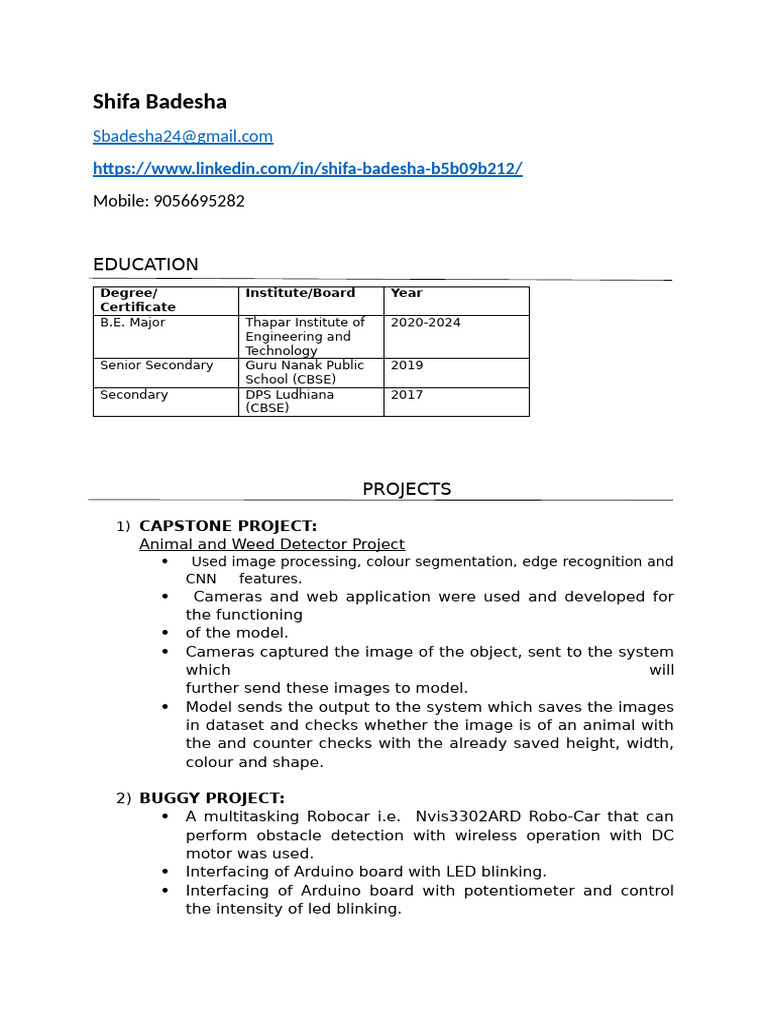 Shifa Badesha - Resume | PDF | Sensor | Arduino
