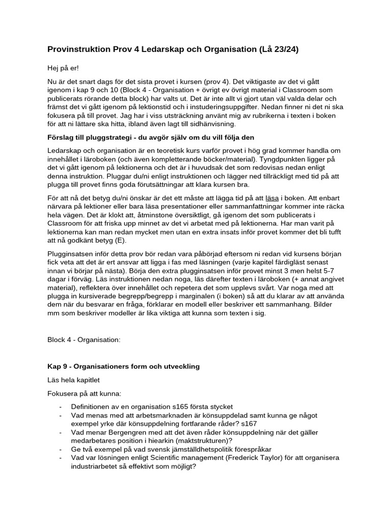 Kopia Av Provinstruktion Prov 4 Ledarskap Och Organisation (Lå 23 - 24) | PDF