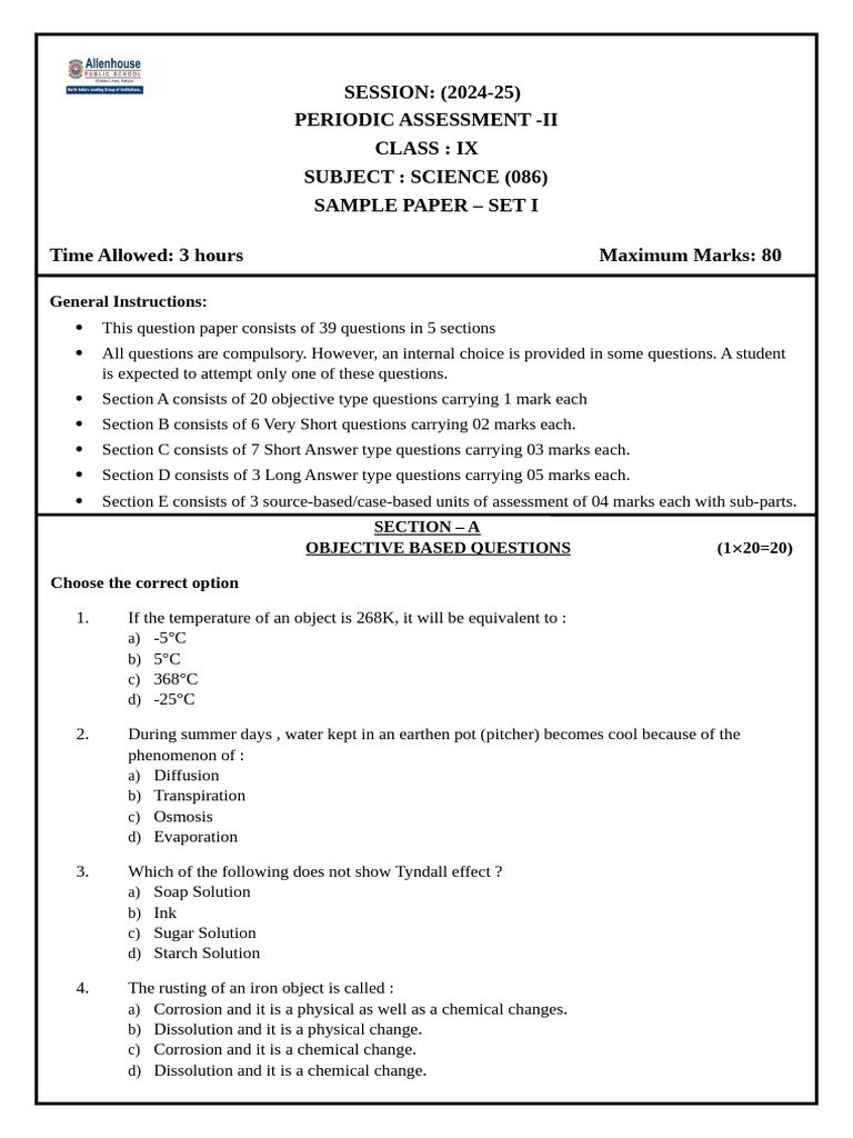 Ix-Science-Set1-Sample-Hy 2024-25 | PDF | Cell (Biology) | Force