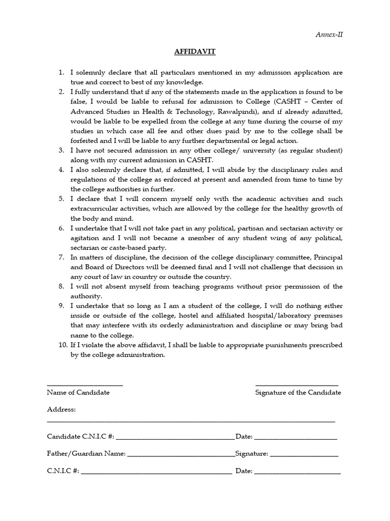 Admission Affidavit Sample | PDF | Affidavit | Government