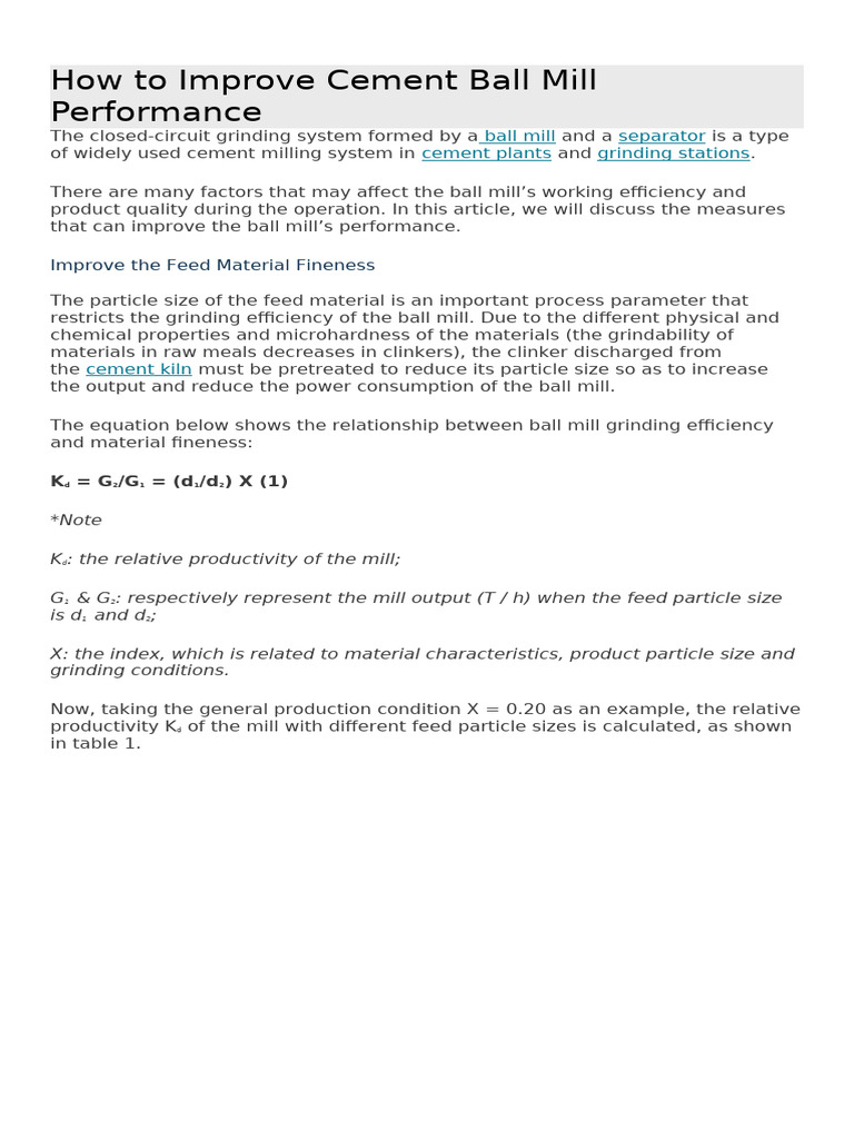 How To Improve Cement Ball Mill Performance | PDF