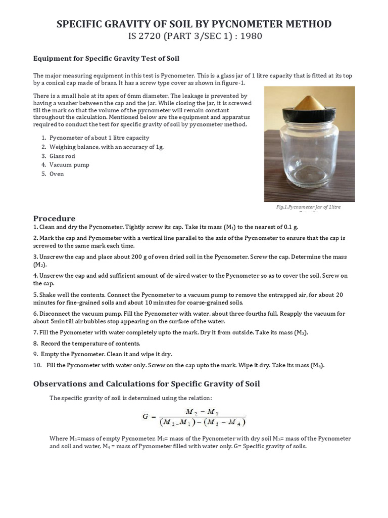Specific Gravity of Soil by Pycnometer Method | PDF
