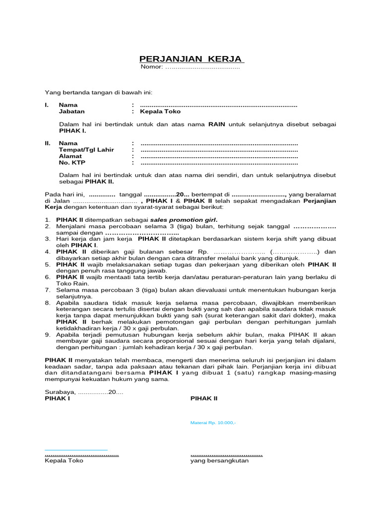 Draft Perjanjian Kerja | PDF