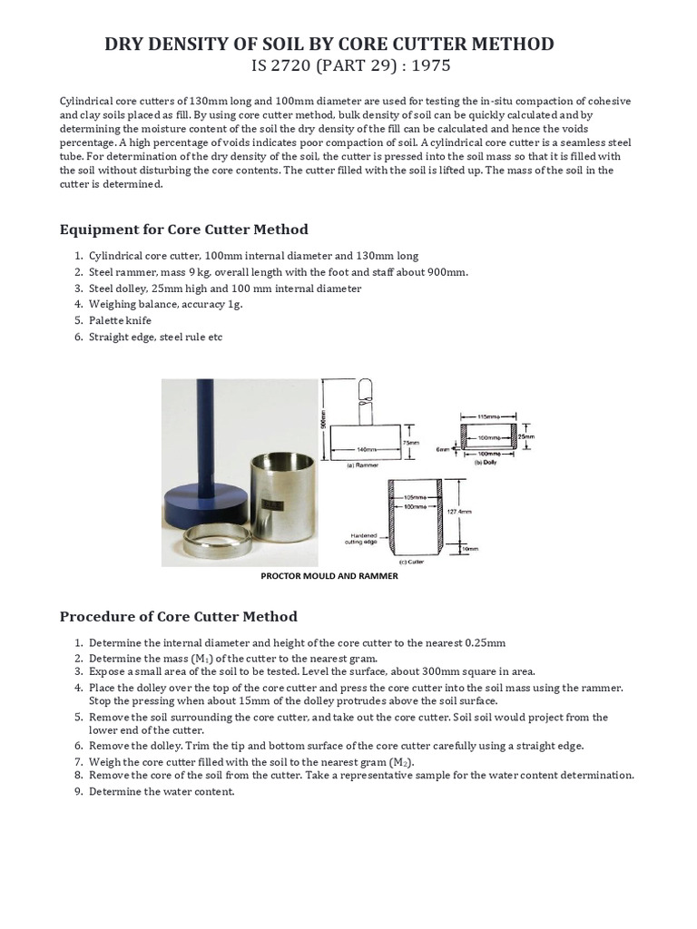 Dry Density of Soil by Core Cutter Method | PDF