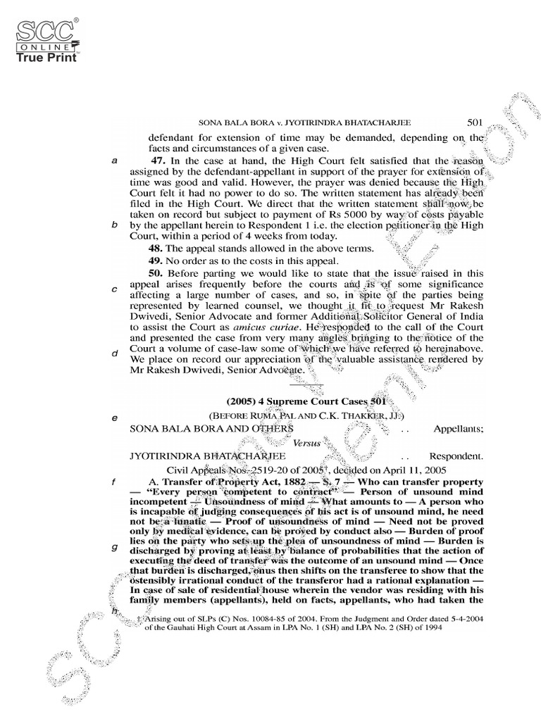 Sona Bala Bora v. Jyotirindra Bhatacharjee, (2005) 4 SCC 501 | PDF