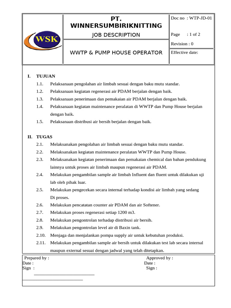 JOB Desk WWTP PUMP HOUSE OPERATOR | PDF