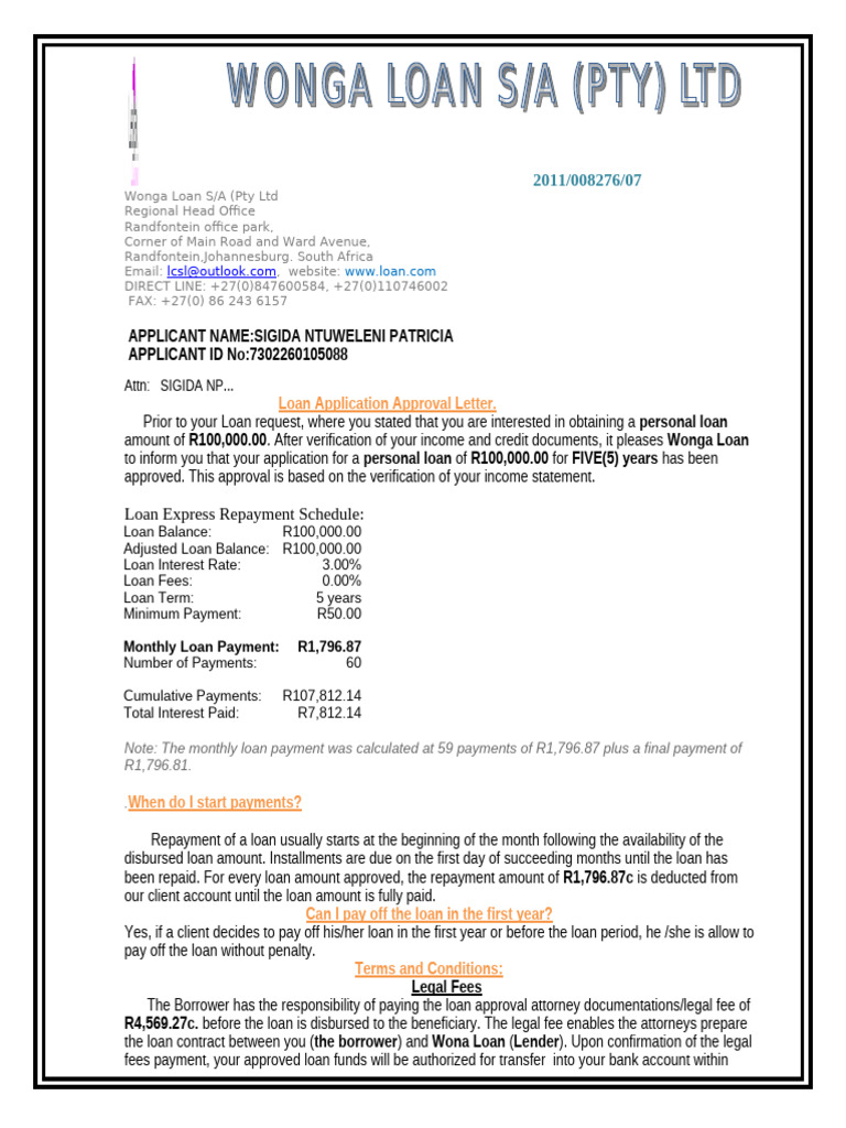 Wonga Approval Letter 888KK | PDF | Loans | Interest